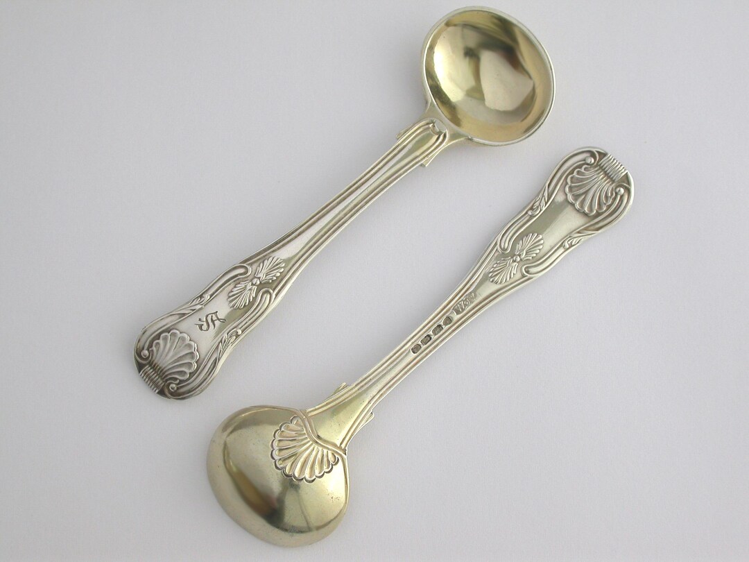 Outstanding Solid Silver Kings Pattern Salt Spoon Pair With Gilded ...