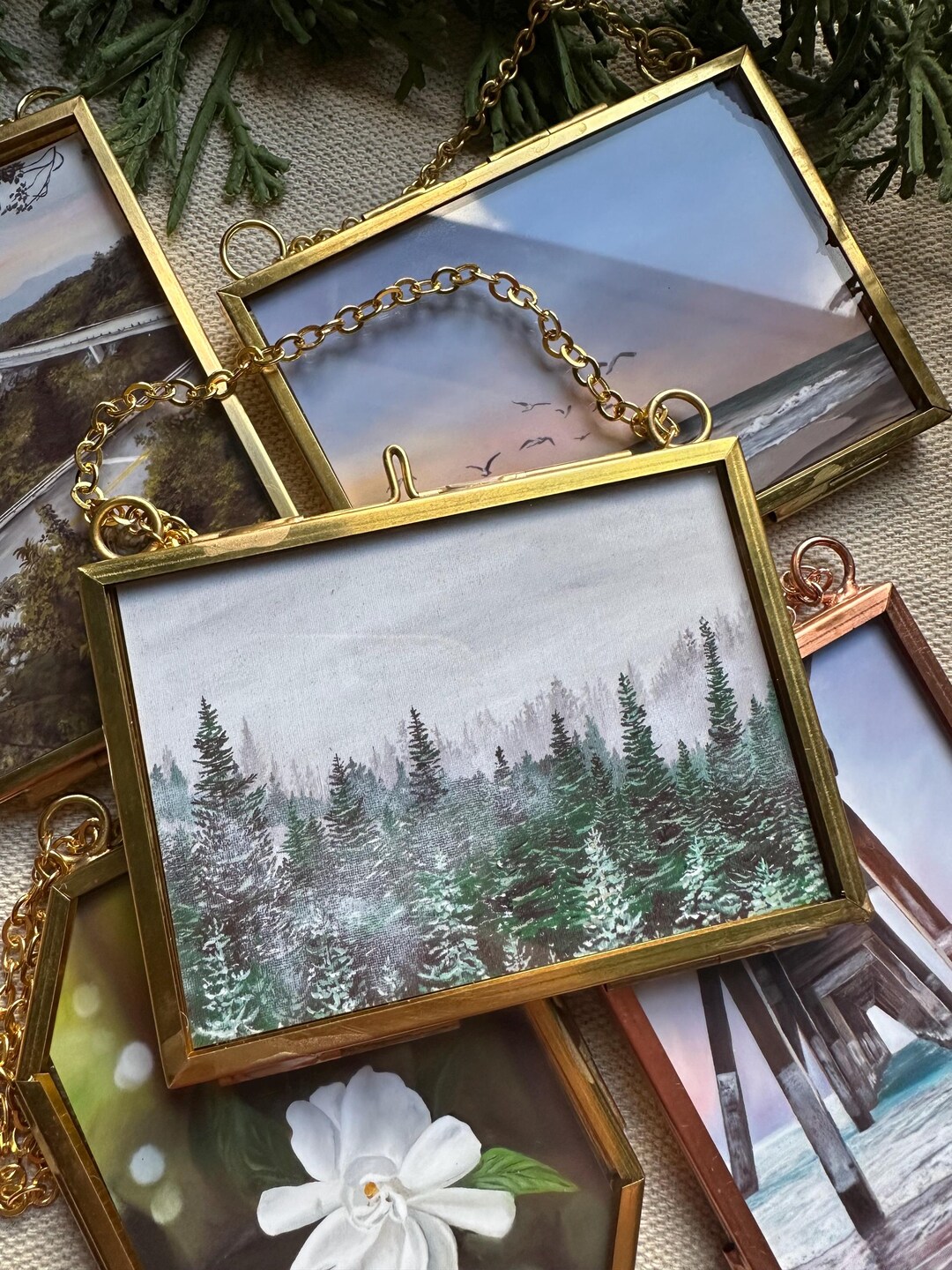 Foggy Mountain / Gold Glass Frame Ornament / Small Wall Hanging ...