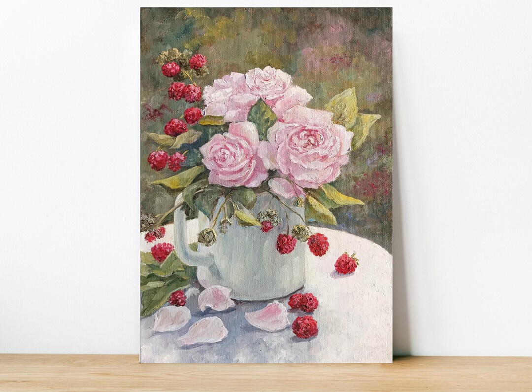 Pink Roses Painting on Canvas Original Oil Art Floral Still Life Flower Raspberry Bouquet French ...