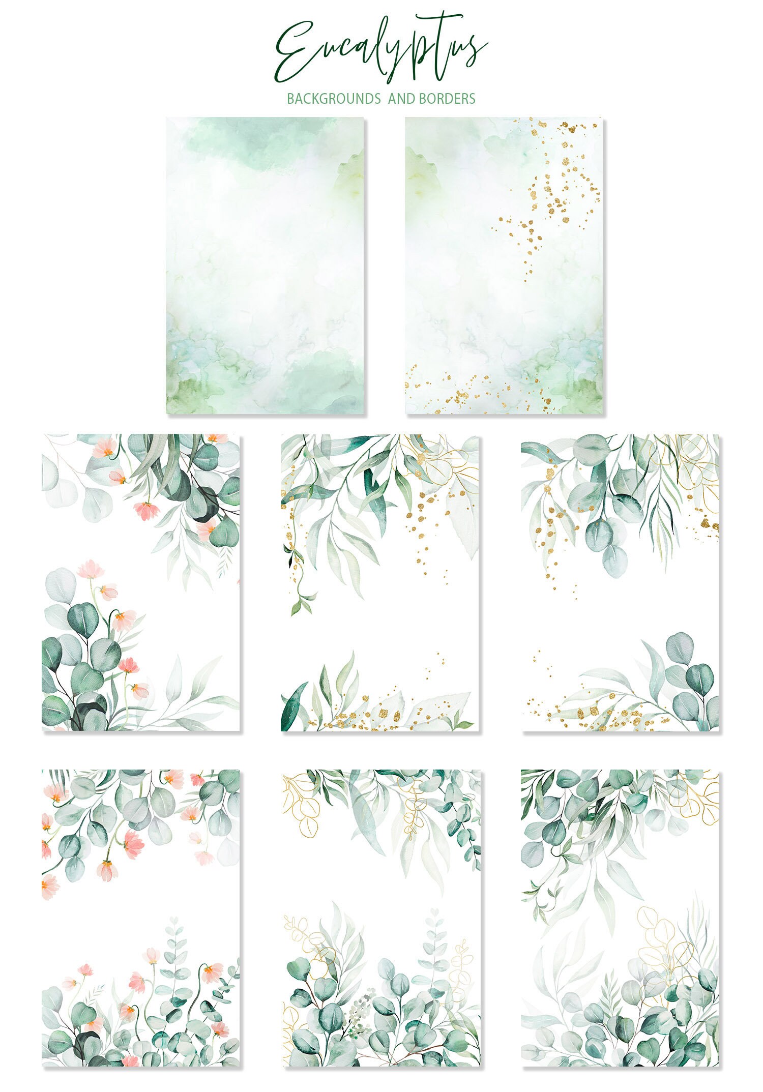 Watercolor Eucalyptus Wedding Backgrounds – Green and Gold Leaves, Pink ...