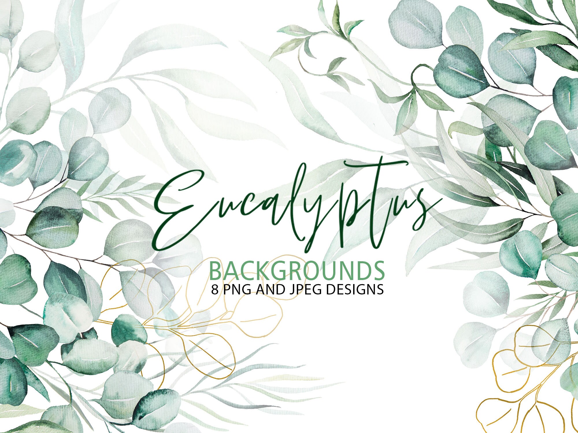 Watercolor Eucalyptus Backgrounds, Gold and Green Leaves, Light Pink ...