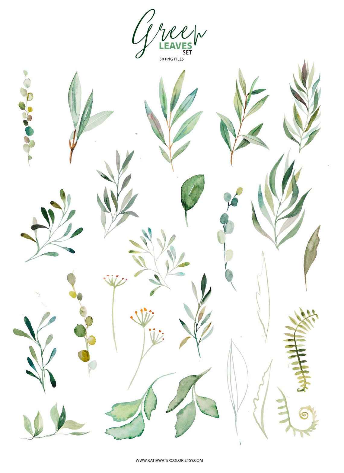 Watercolor Green Leaves Clipart, Foliage, Watercolor Botanical Hand ...