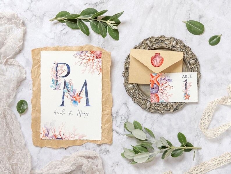 Watercolor Sea Letters, Numbers and Ampersand, Seaweeds, Seashells ...