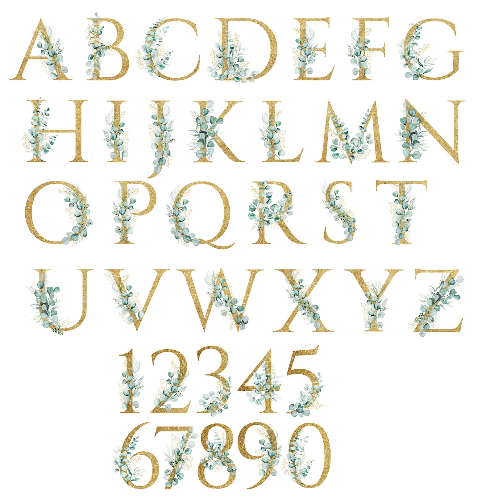Gold Green Eucalyptus Wedding Alphabet 37 PNG, Eucalyptus Greenery ...