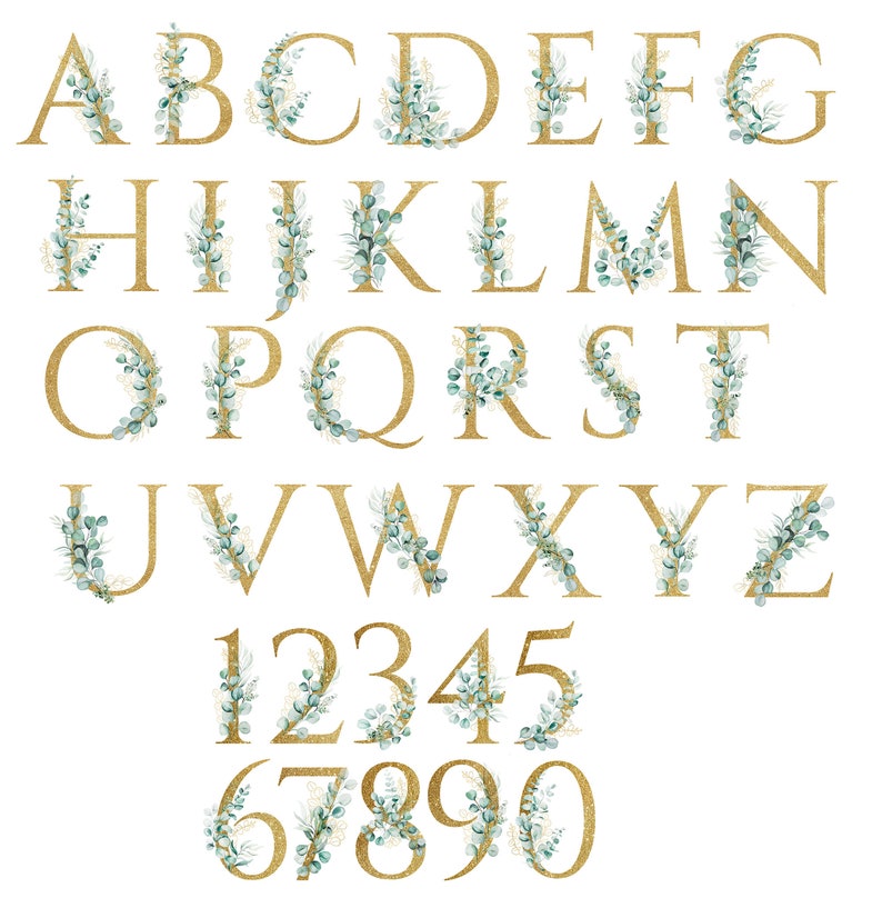 Gold Green Eucalyptus Wedding Alphabet 37 PNG, Eucalyptus Greenery ...