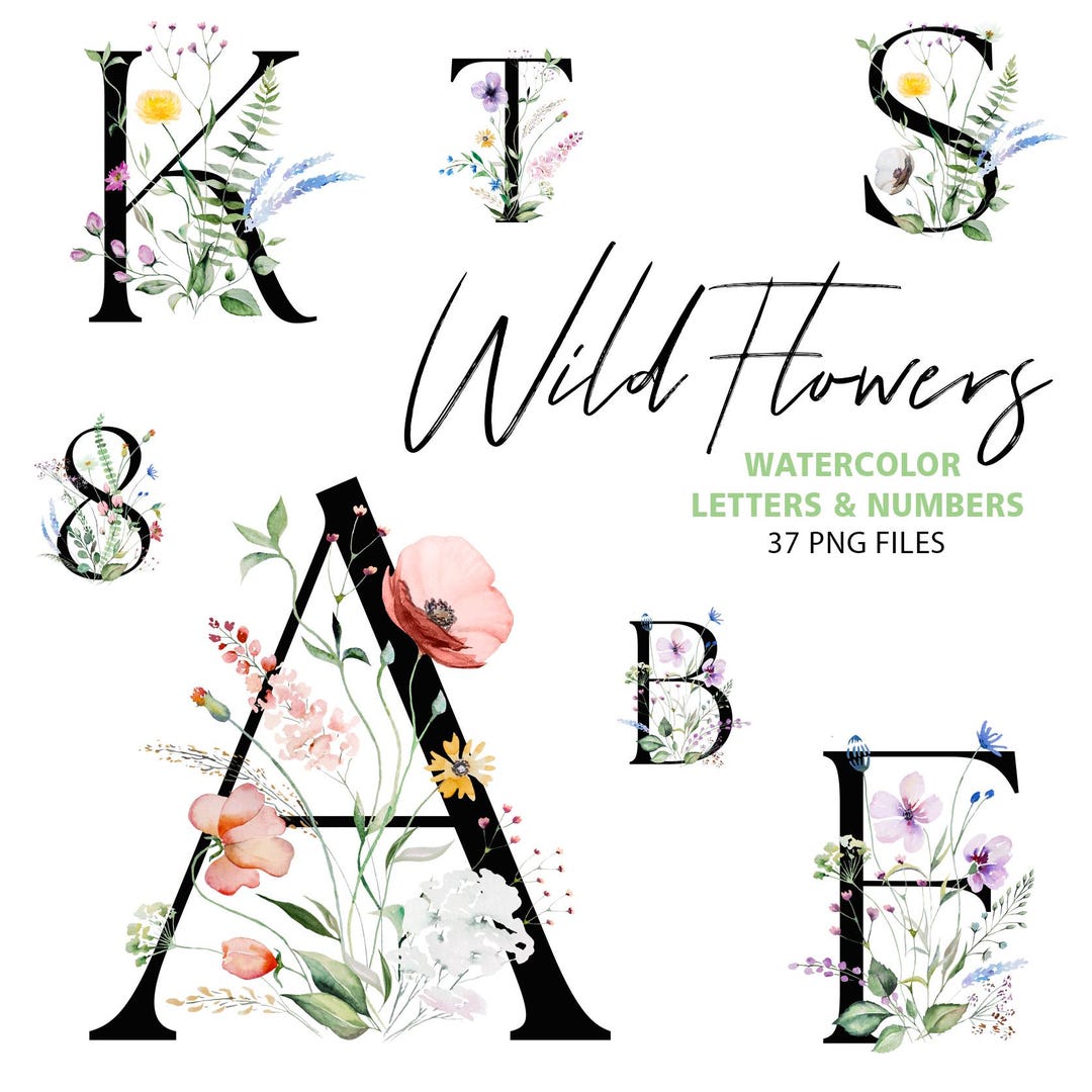 Watercolor Wildflowers Alphabet Clipart, Spring/summer Floral Monogram ...