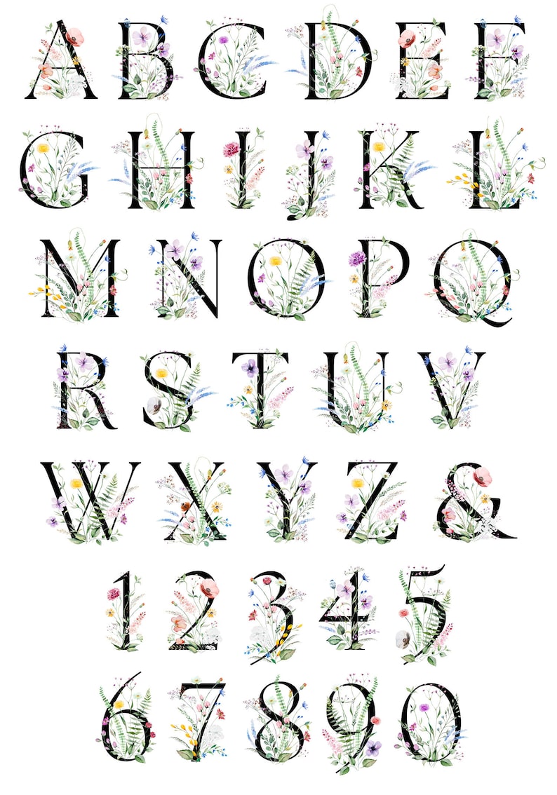 Watercolor Wildflowers Alphabet Clipart, Spring/summer Floral Monogram ...