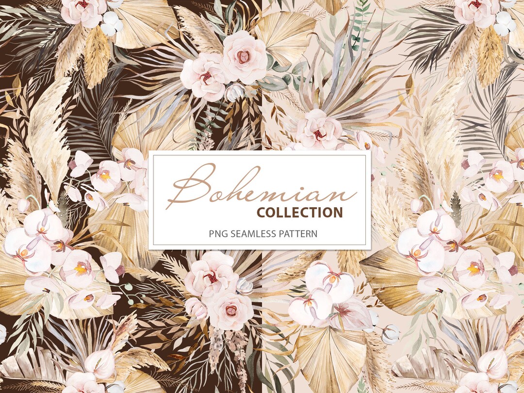 Watercolor Bohemian Seamless Pattern With Pampas Grass, Tropical Leaves ...