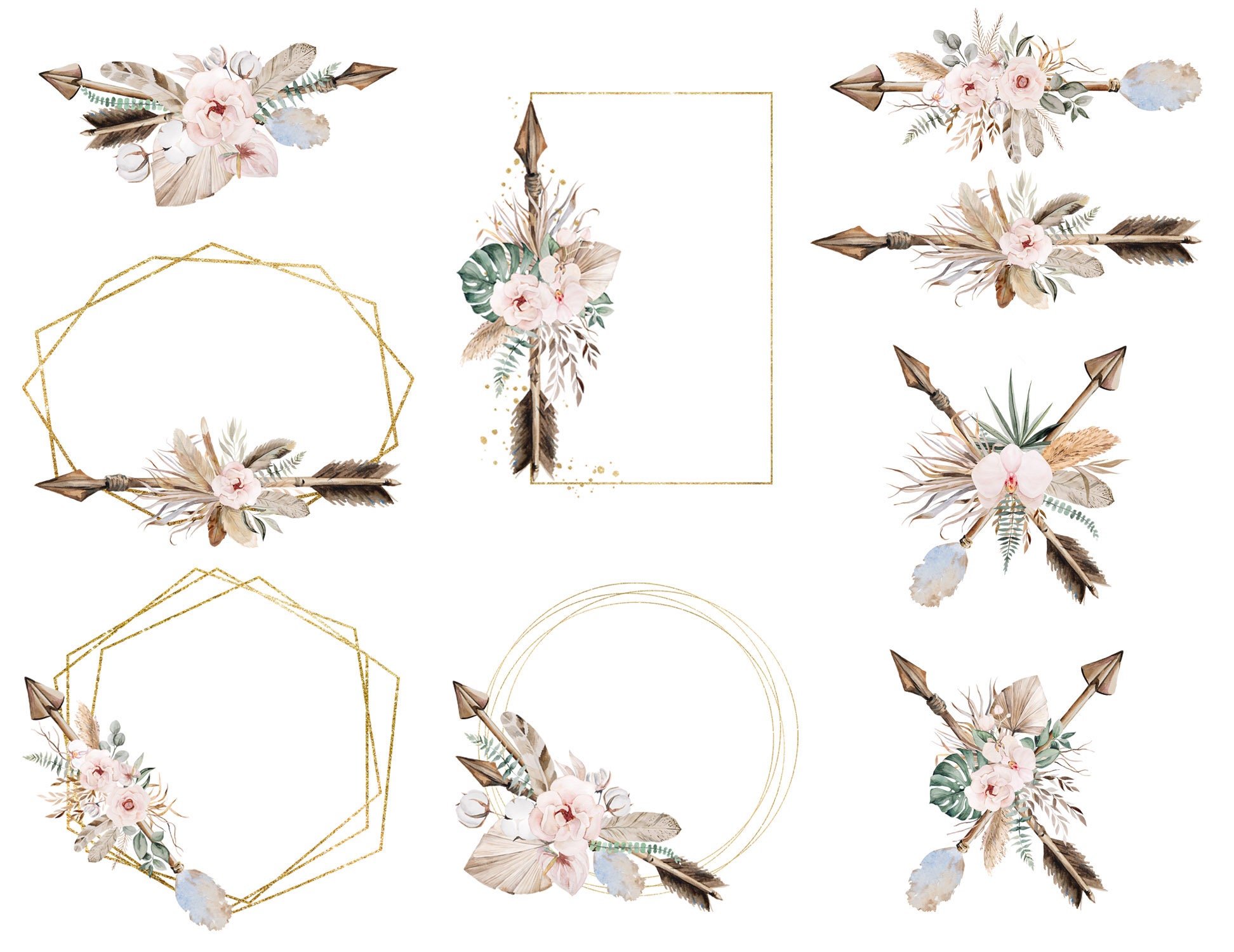 Watercolor Bohemian Frames With Arrows, Feathers, Tropical Leaves and ...