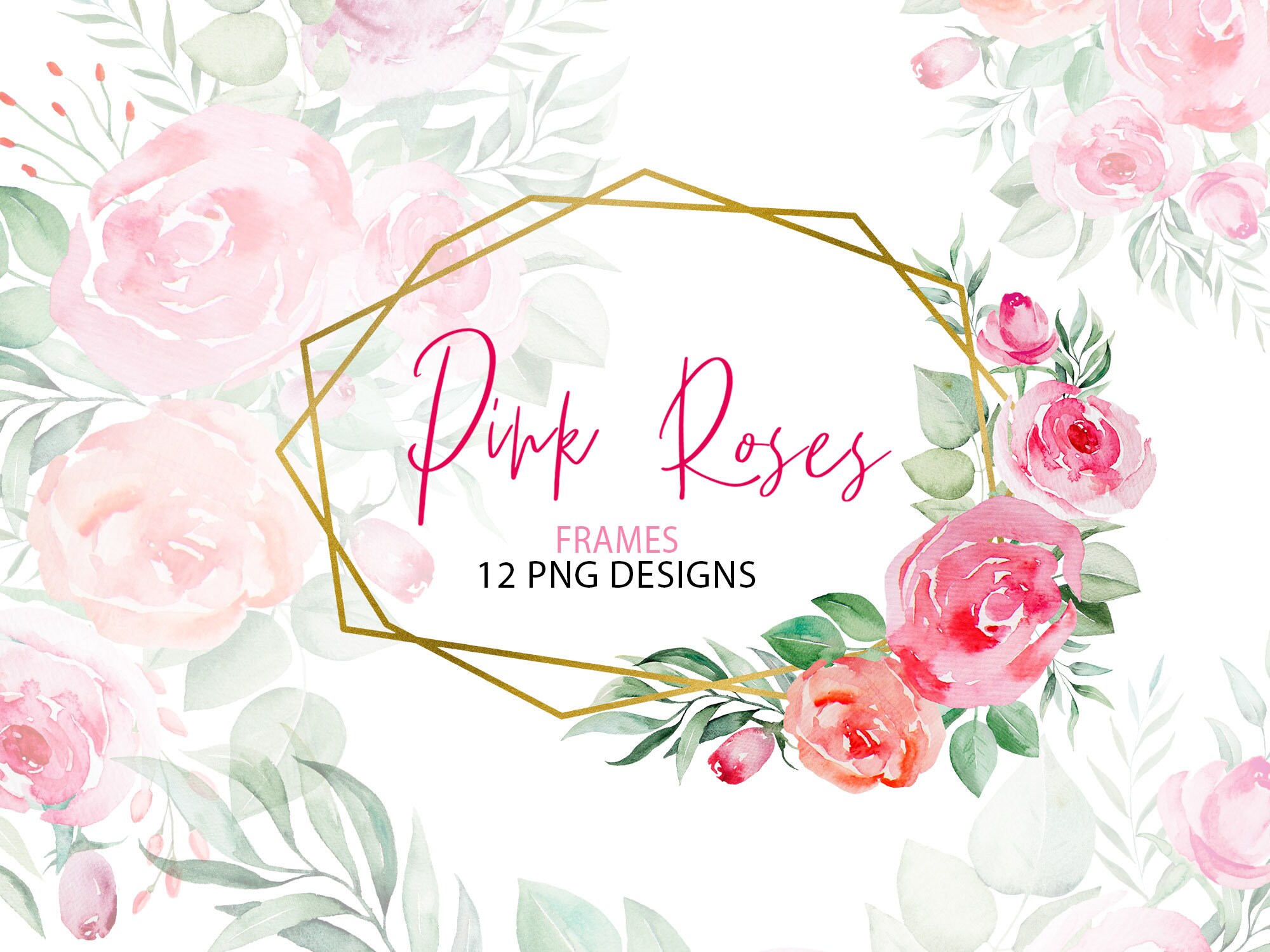Watercolor Romantic Roses Frames and Wreaths Pink Floral - Etsy