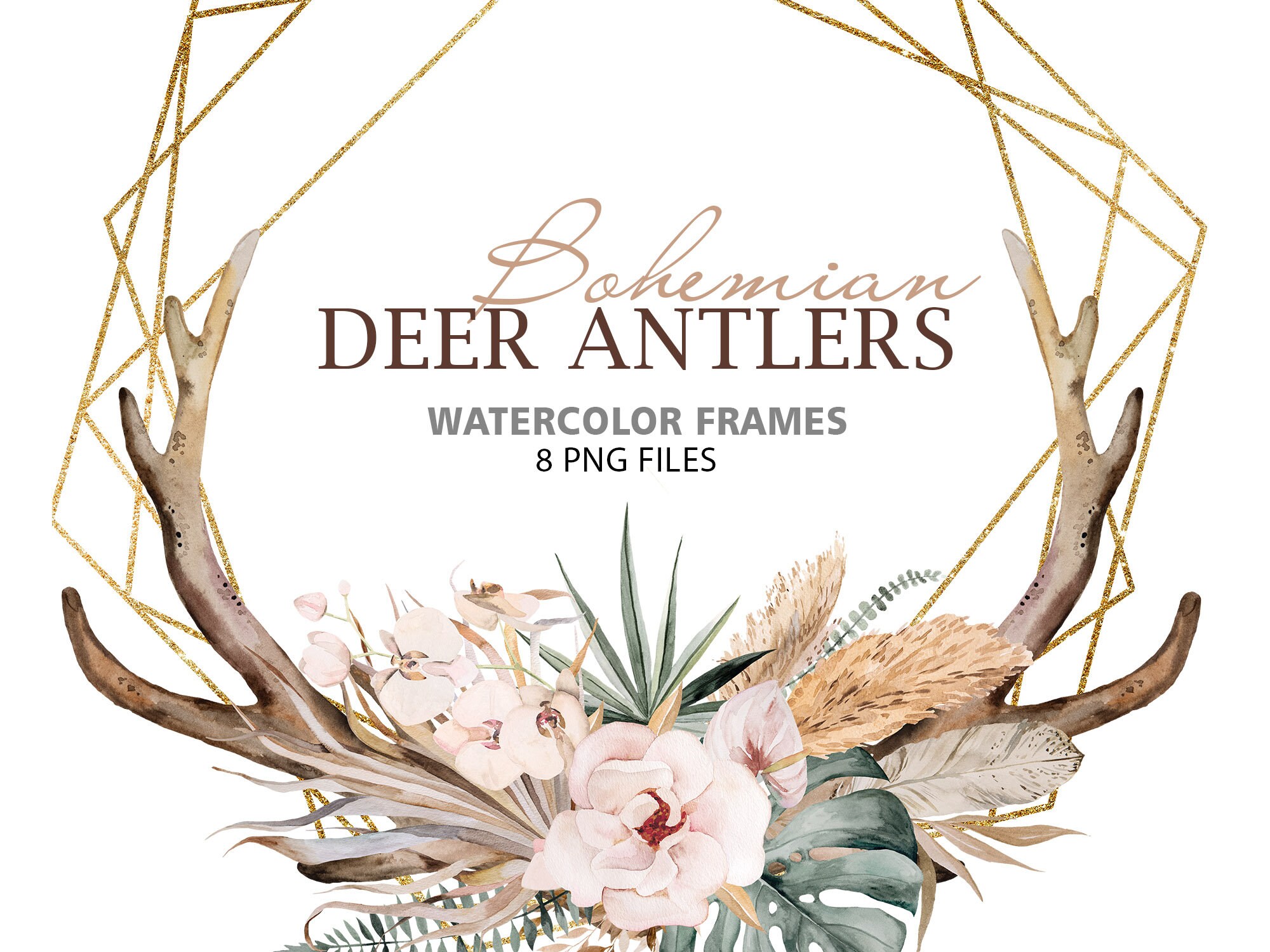 Watercolor Deer Antler Clipart: Boho Floral Frames (PNG Digital ...