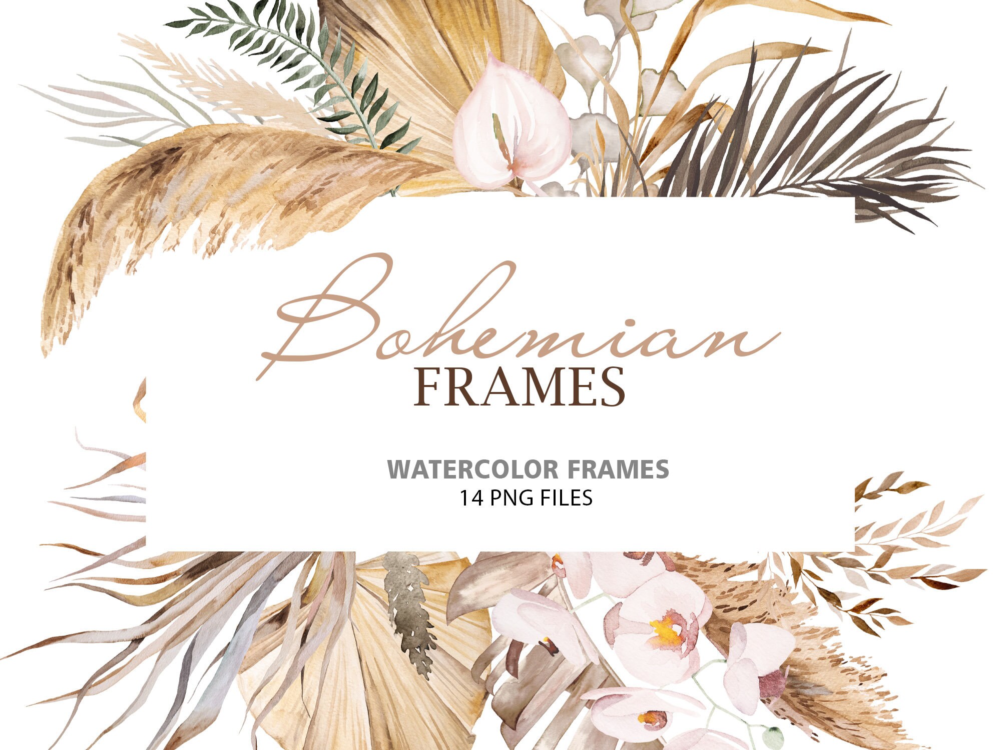 Watercolor Bohemian Frames With Tropical Dried Leaves and Flowers, Boho ...