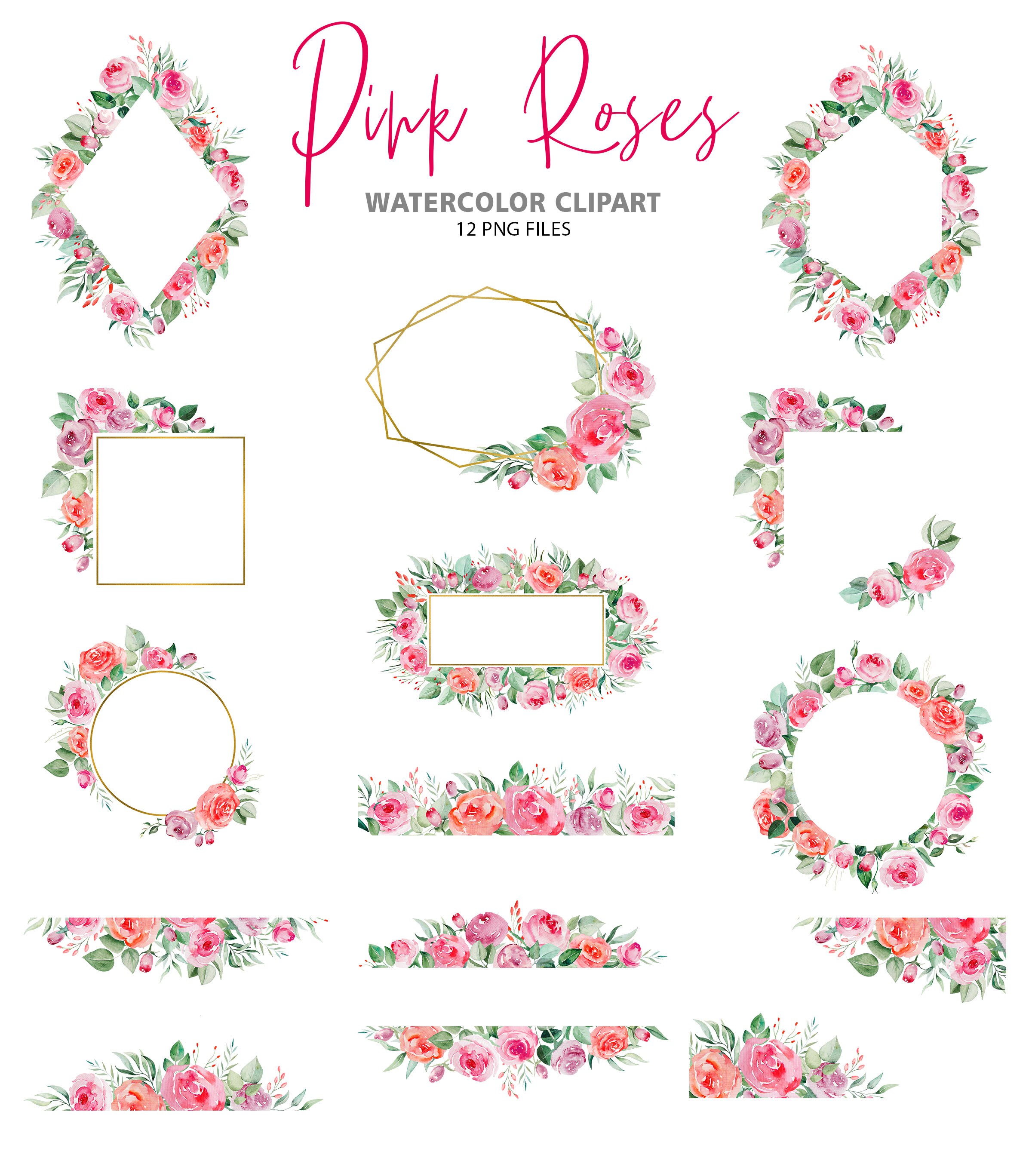 Watercolor Romantic Roses Frames and Wreaths Pink Floral - Etsy