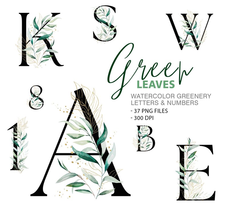Watercolor Greenery Alphabet PNG: Elegant Wedding Letters & Numbers ...