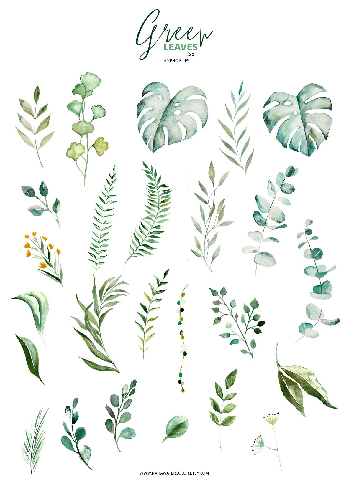 Watercolor Green Leaves Clipart, Foliage, Watercolor Botanical Hand ...