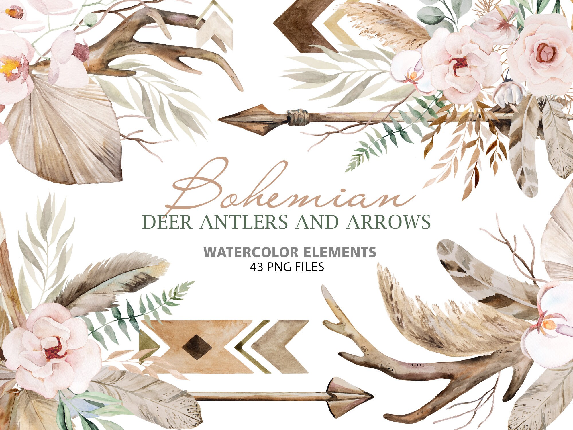 Watercolor Bohemian Single Elements - Antlers, Arrows, Dried Leaves and ...