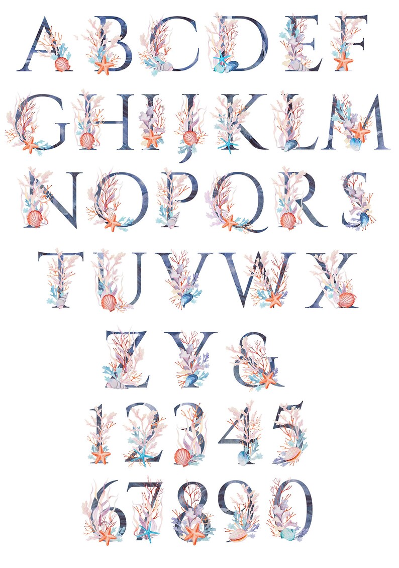 Watercolor Sea Letters, Numbers and Ampersand, Seaweeds, Seashells ...