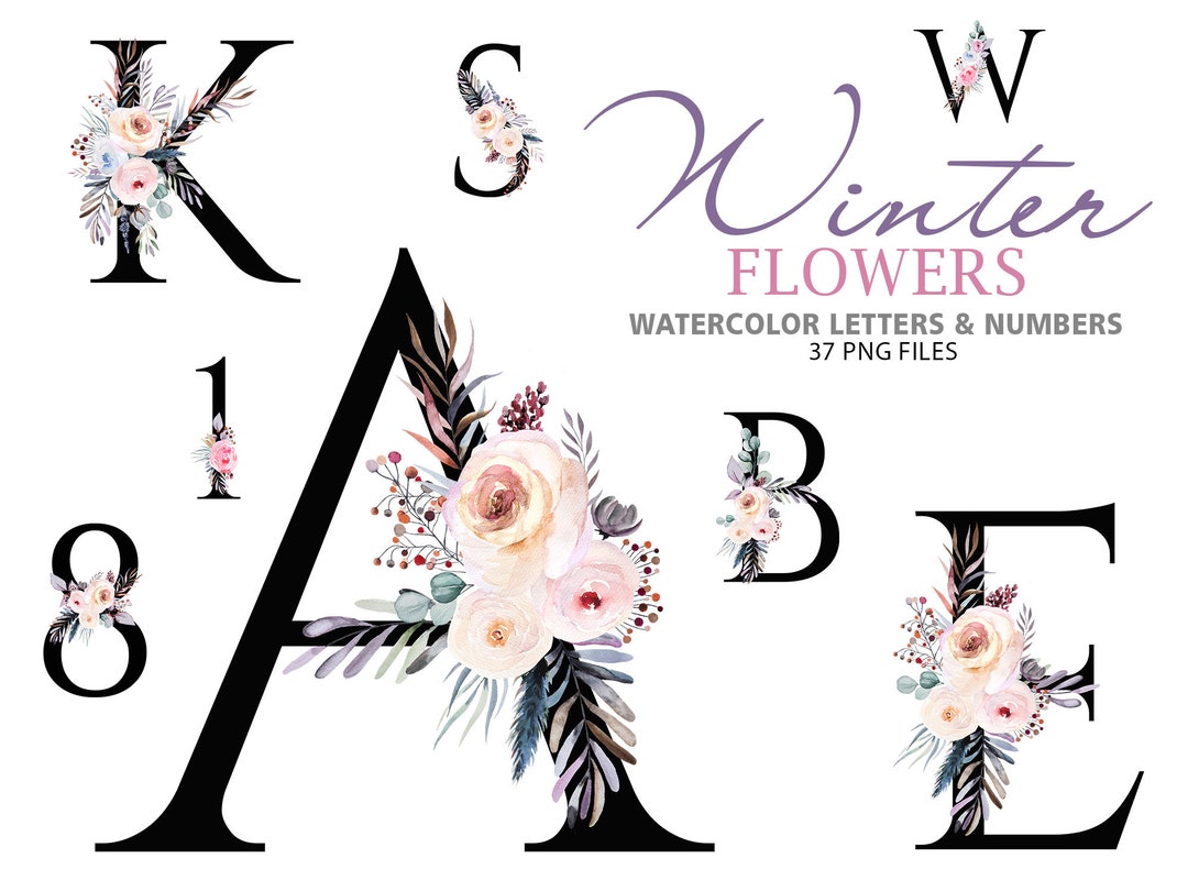 Wedding Winter Floral Alphabet Letters and Numbers With Watercolor ...