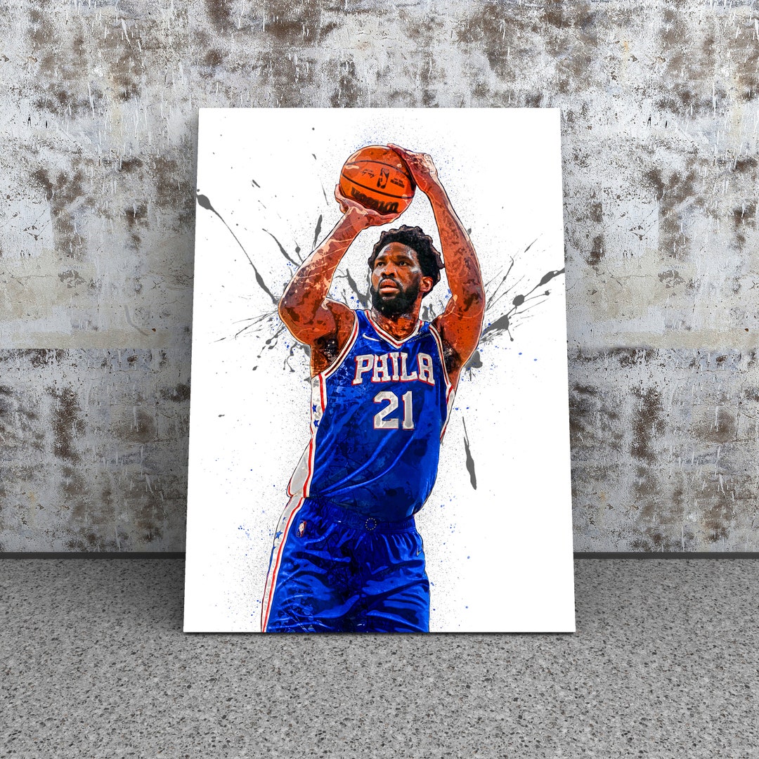 Joel Embiid, Poster, Basketball Painting, Hand Made Canvas, Framed Wall ...