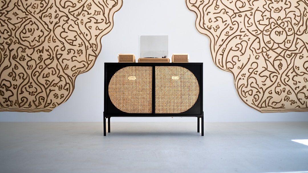 Black Art Deco Rattan Record Player Stand - Etsy