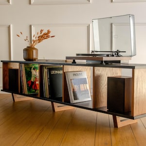 Black Oak Minimalist Record Player Vinyl Storage Stand, Bench - Etsy
