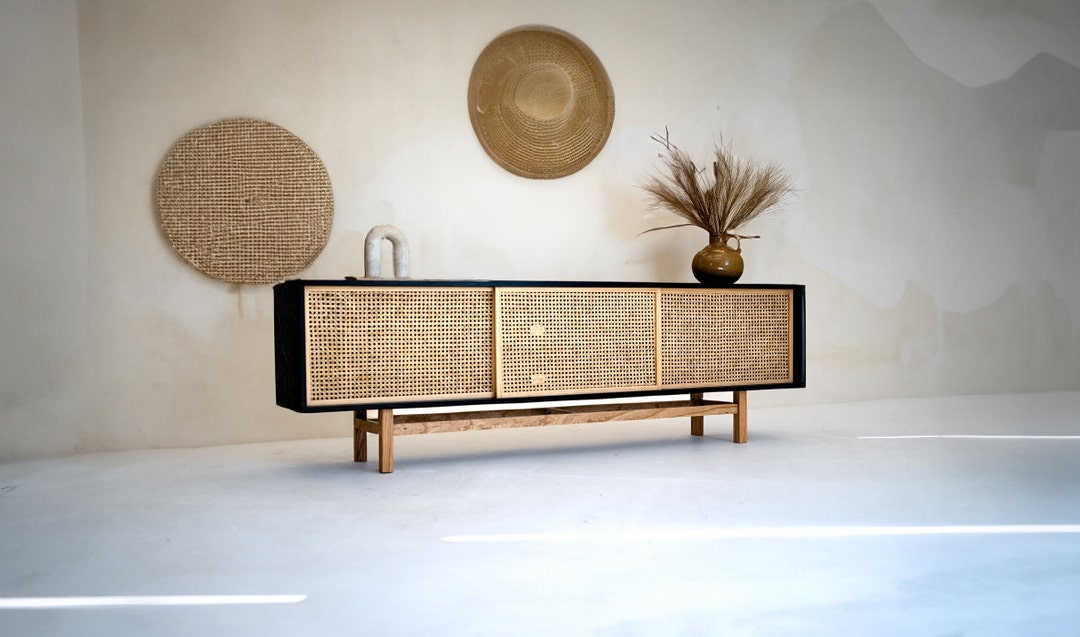 Black Boho Cane Rattan TV Stand, Record Player Stand - Etsy