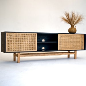 Black Boho Cane Rattan TV Stand, Record Player Stand - Etsy