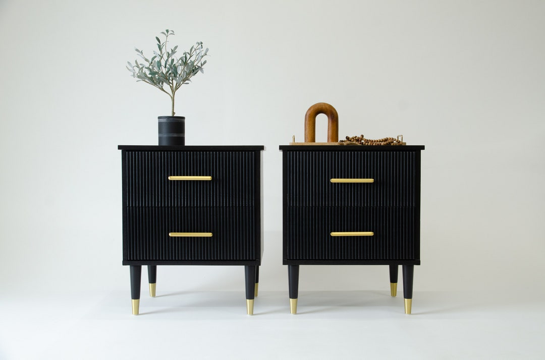 Black Mid-century Modern Fluted Dowel Wood Nightstand Set Pair - Etsy