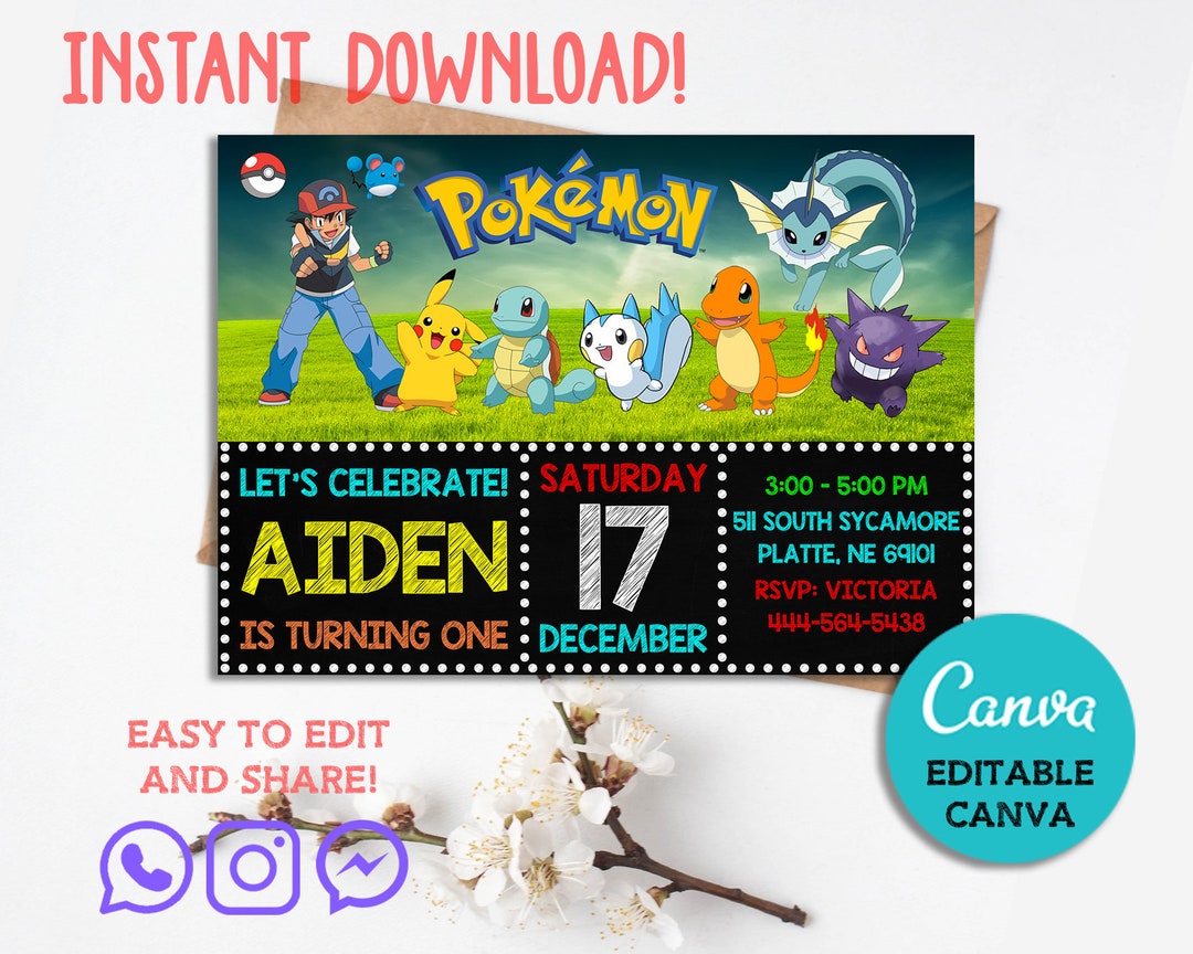 Invitación de cumpleaños de Pokémon, Cumpleaños de Pokémon editable ...