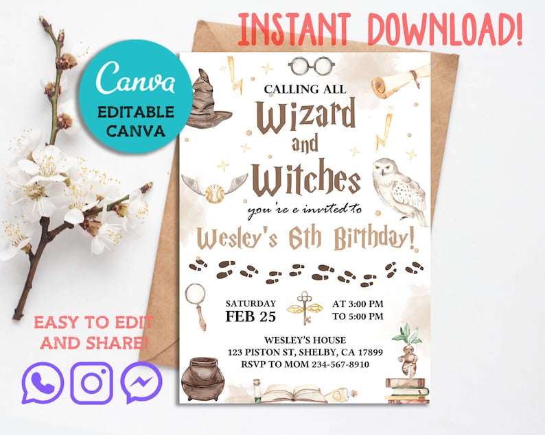 Wizards and Witches Birthday Invitation, Wizard Party Invite, Canva ...