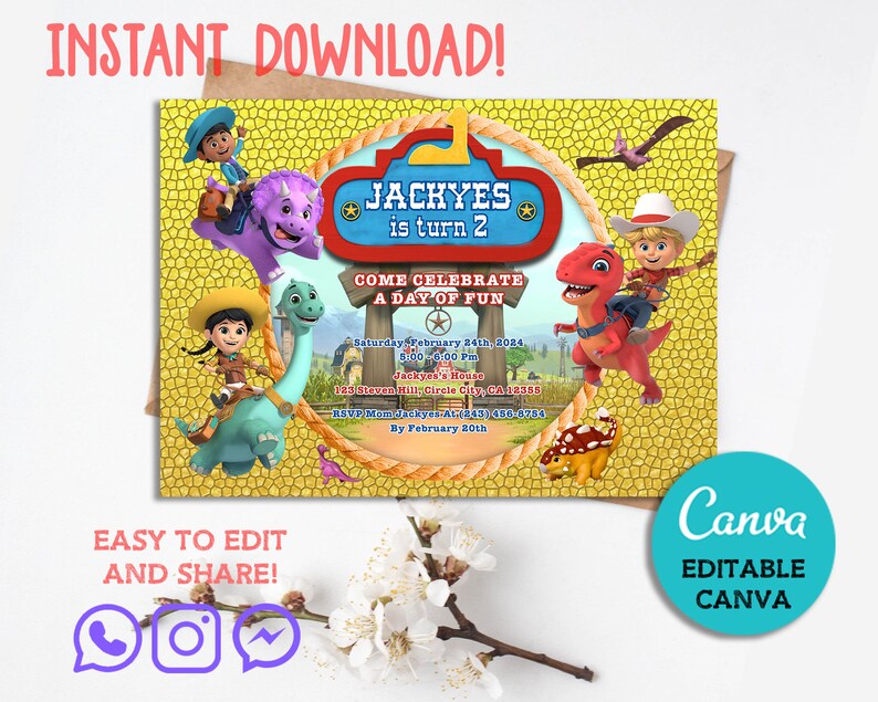 Dino Ranch Invitation, Dino Ranch Kids Birthday Editable, Dino Ranch ...