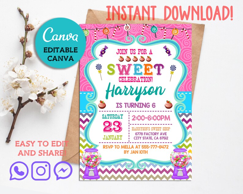 Candy Birthday Invitation, Candy Invitation Editable, Candyland ...