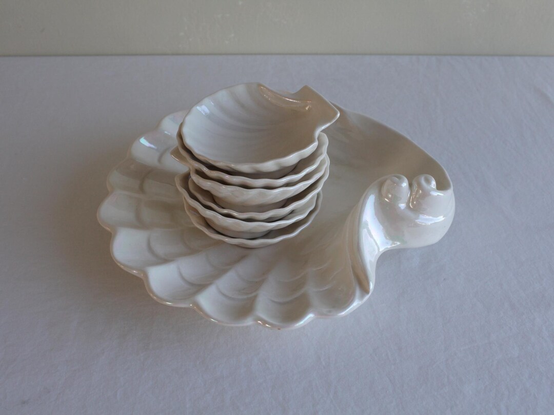 Iridescent Shell Serving Dish With Matching Appetizer Plates | Vintage ...