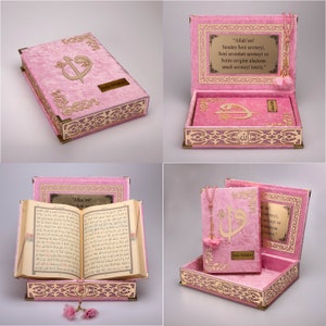 Personalized Quran, Gold Pattern Velvet Quran Set With Pearl Prayer ...