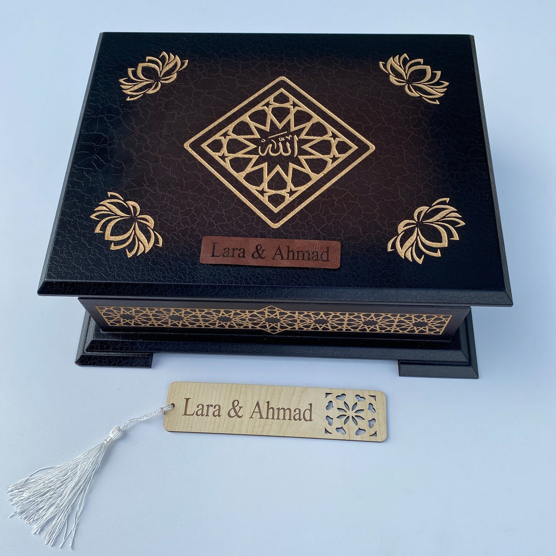 Custom Quran With Wooden Box, Bismillah Written Personalized Gift Box ...