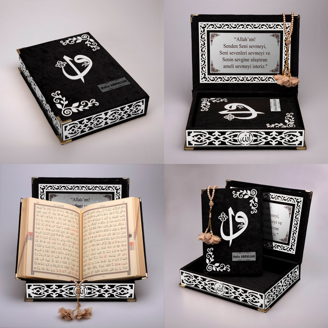 Personalized, Silver Pattern Velvet Quran Set With Pearl Prayer Beads ...