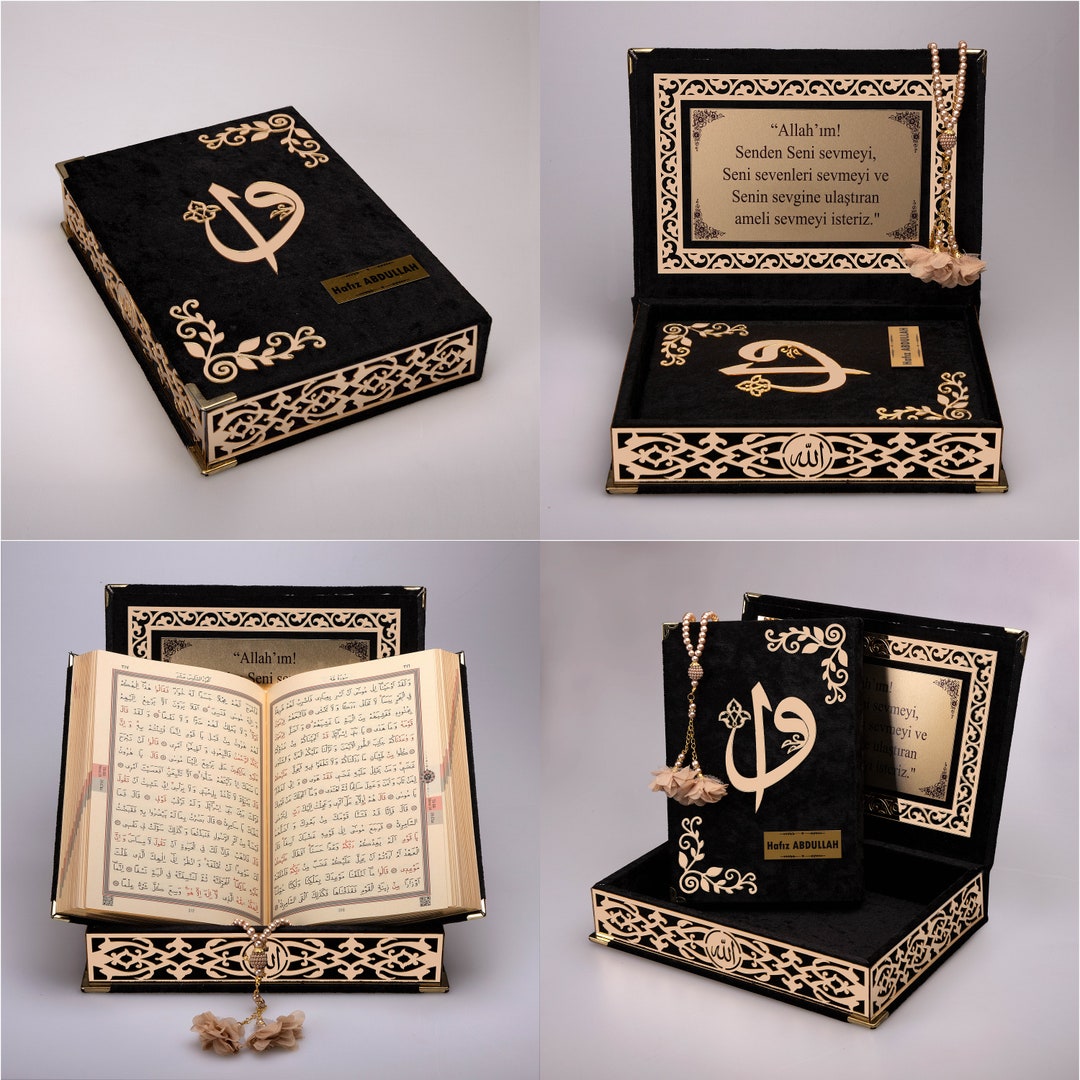 Personalized, Gold Pattern Velvet Quran Set With Pearl Prayer Beads ...