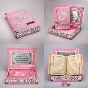Personalized, Silver Pattern Velvet Quran Set With Pearl Prayer Beads ...