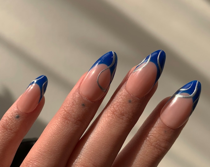 Cobalt Chrome Nails | Press on Nails Swirls | Silver Chrome | Luxury ...