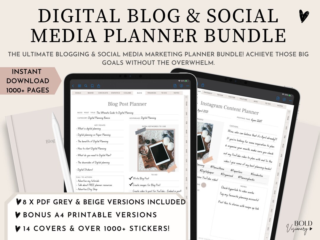 Digital Blog & Social Media Planner Bundle | Blog Post Planner, Social ...
