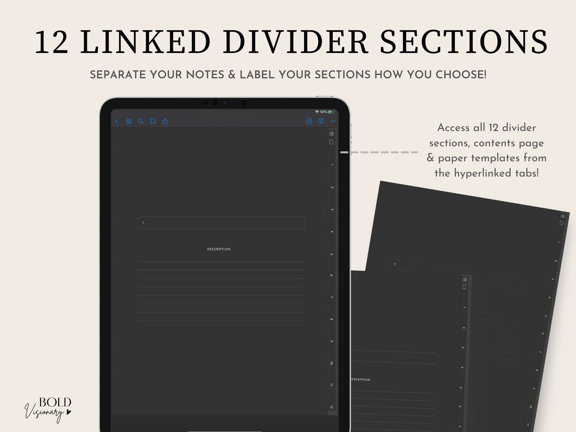 Dark Mode Digital Notebook | 12 Section Dividers | 40 Digital Page ...