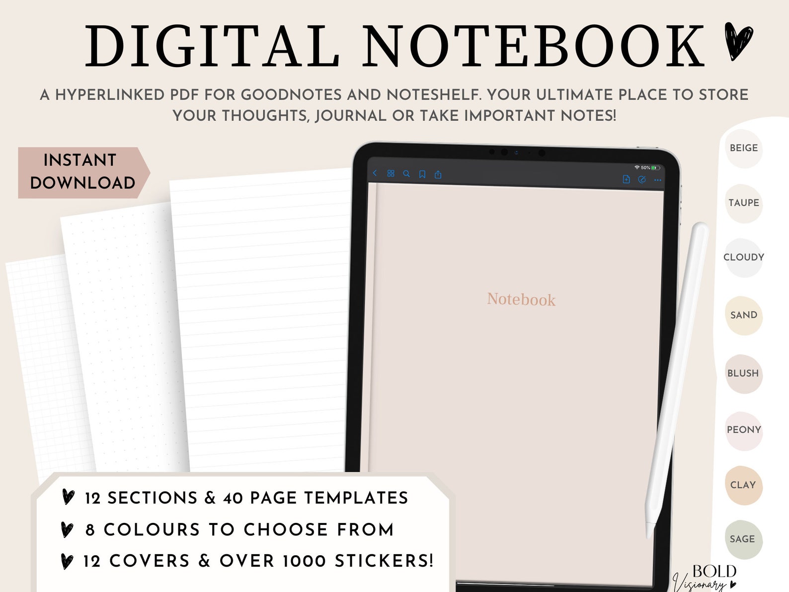 Digital Notebook | 12 Dividers Sections | 40 Digital Page Templates ...