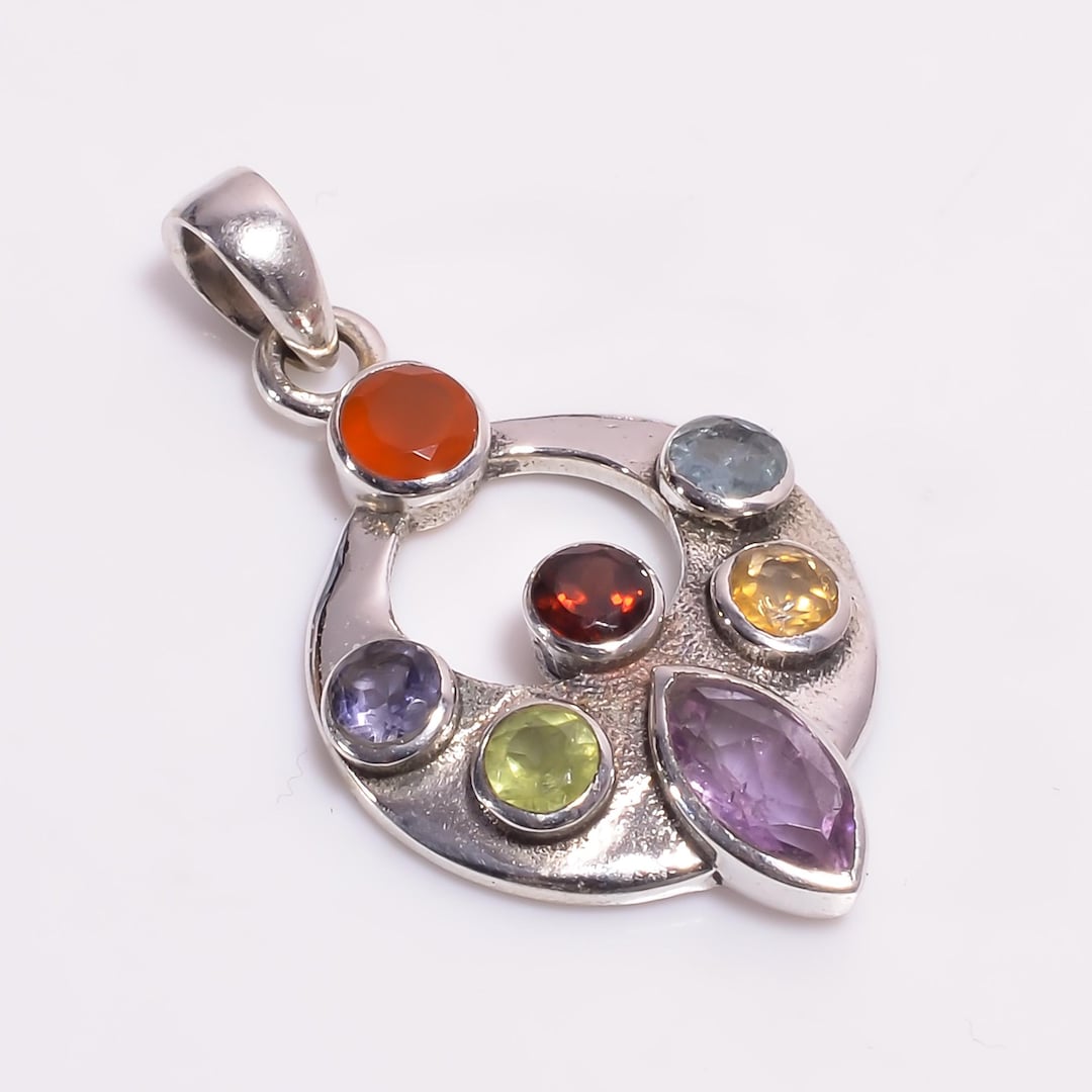 925 Sterling Silver, Round Chakra Pendant, 7 Chakra Gemstone Pendant ...
