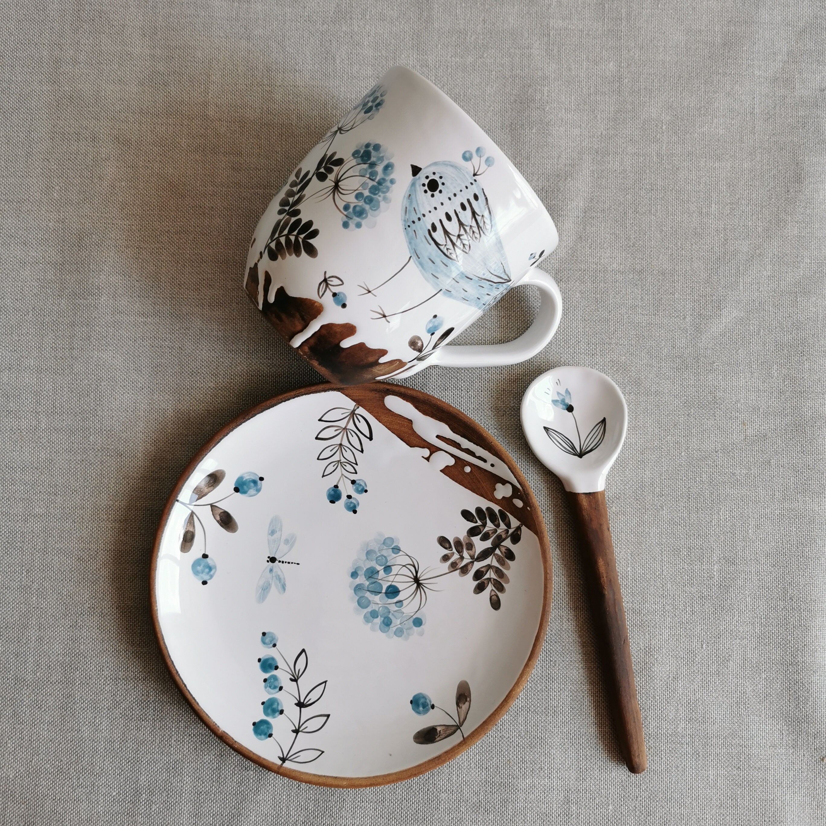 Handmade Pottery Mug Teaset: Bird & Blue Herbs Design Osokaartceramics ...