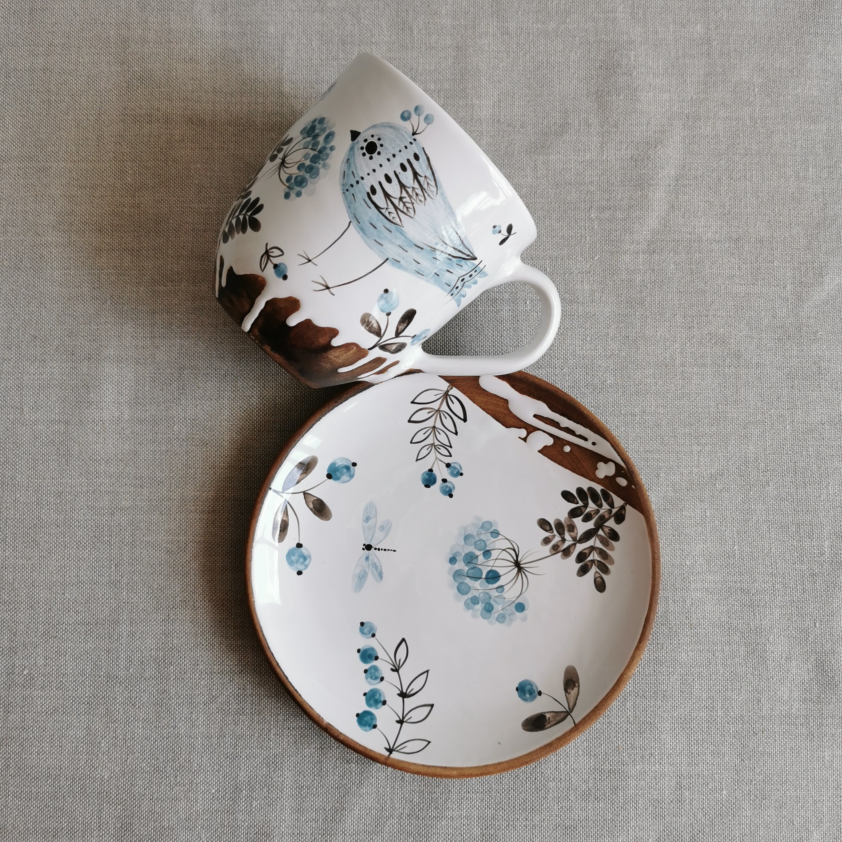 Handmade Pottery Mug Teaset: Bird & Blue Herbs Design Osokaartceramics ...