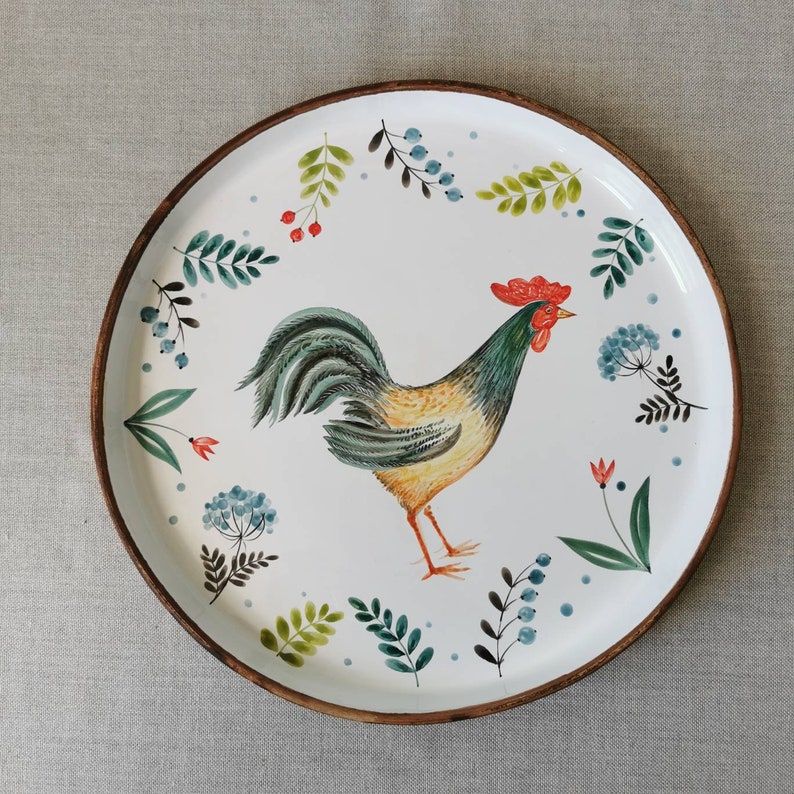 The Large Ceramic Dish With Hand Painting Hen or Rooster by - Etsy