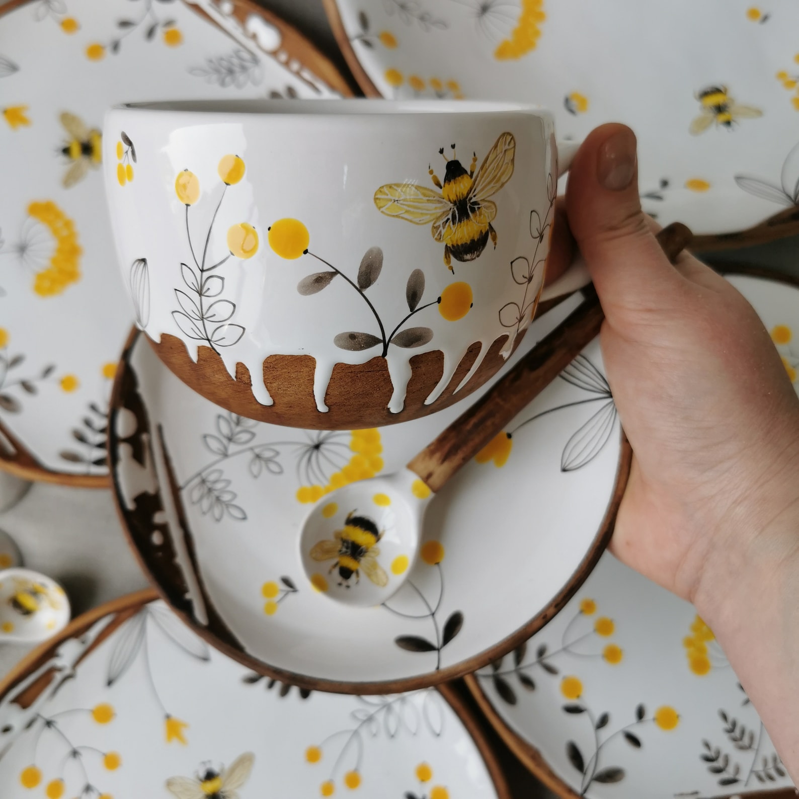 Handmade Bee Pottery Mug Set: Herbal Tea Cup, Saucer & Spoon ...