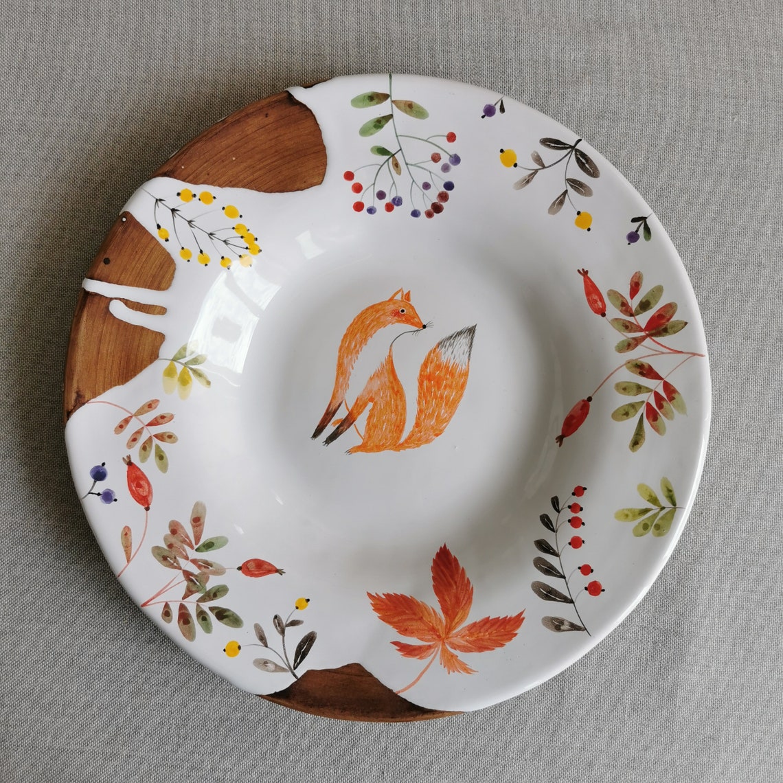 Beautiful Dinner Plate With Fox in the Fall Forest by Osokaart - Etsy