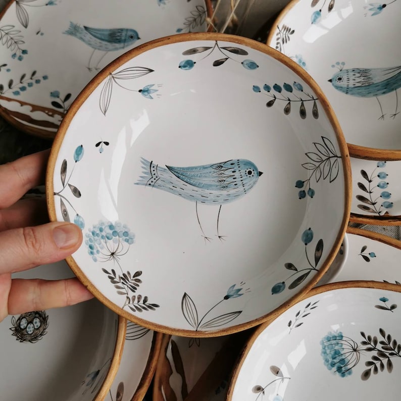 Dinner Set With Hand Painted Birds Herbs by Osokaart Ceramics - Etsy