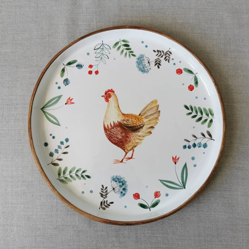 The Large Ceramic Dish With Hand Painting Hen or Rooster by - Etsy